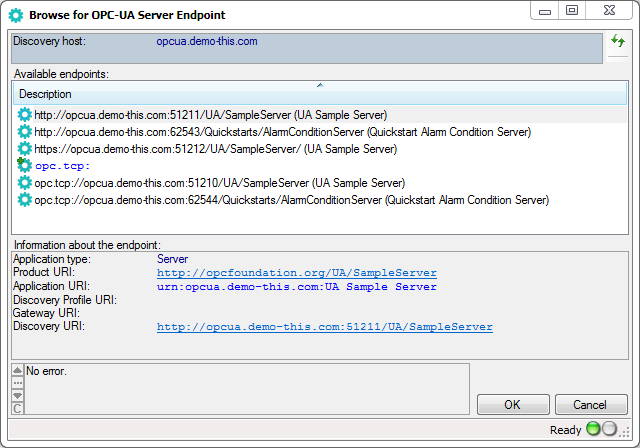 OPC-UA Endpoint Dialog